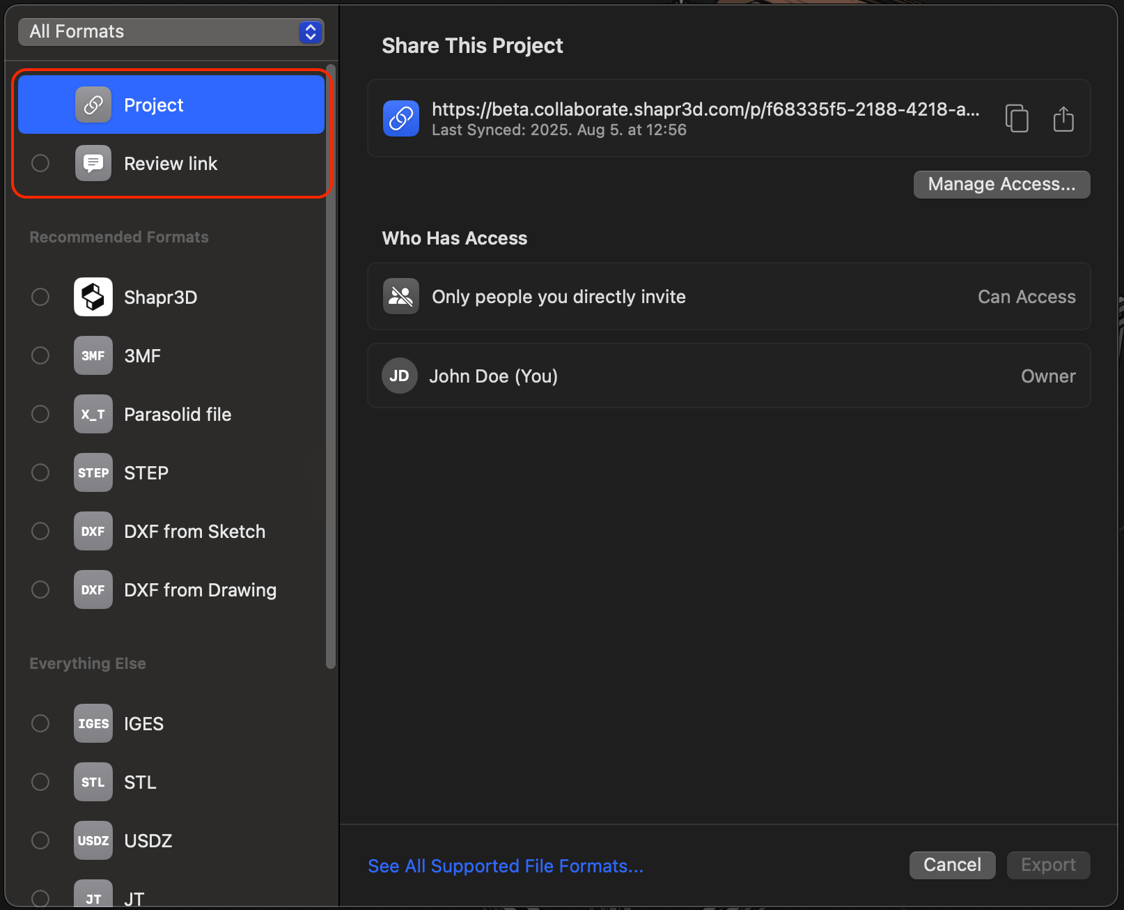 5.920 - Access sharing during export – Shapr3D Help Center