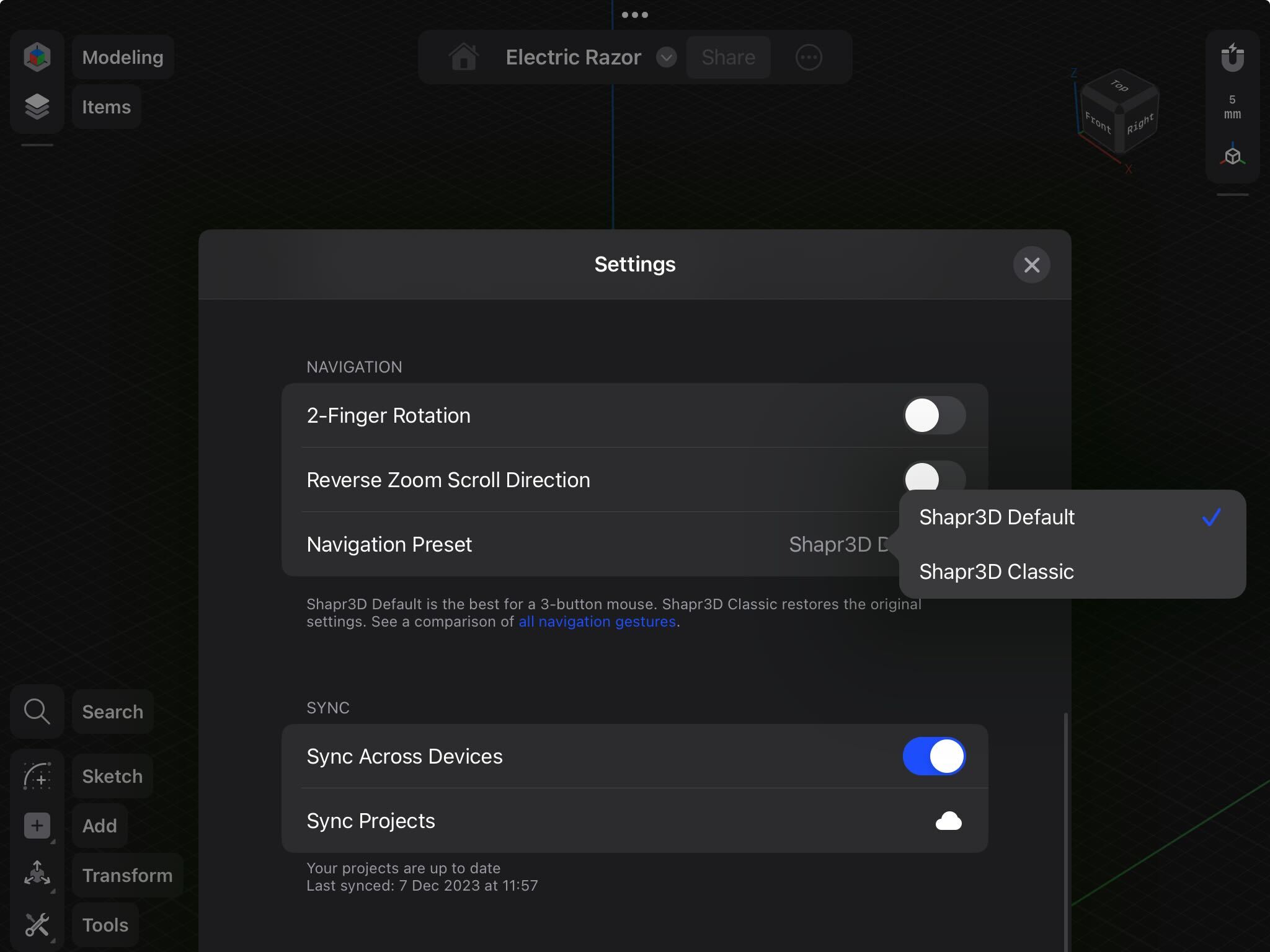 Navigation Presets – Shapr3D Help Center